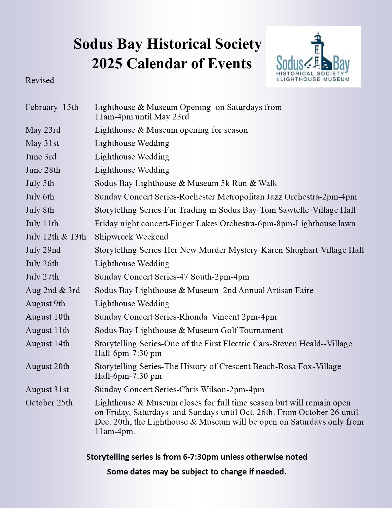 2025 Calendar of Events - Sodus Bay Historical Society